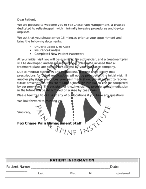 Fox Chase Pain Management Staff PATIENT INATION Doc Template | pdfFiller