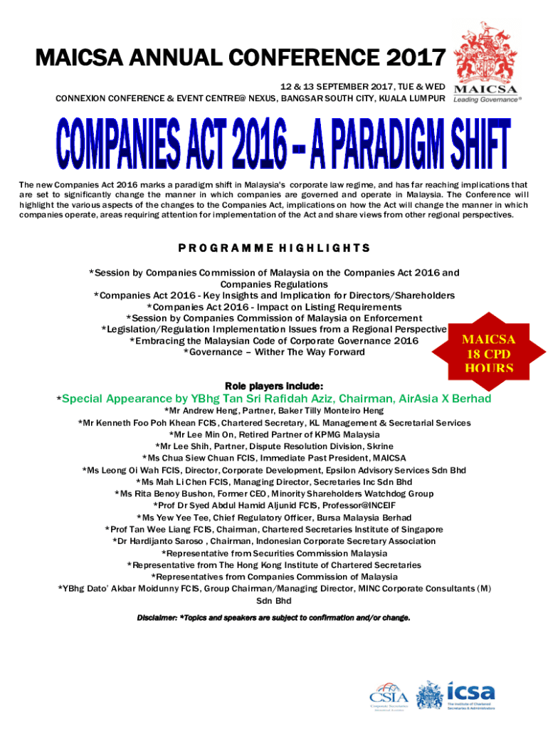 Fillable Online Catch Convene at Malaysia's MAICSA Annual Conference ...