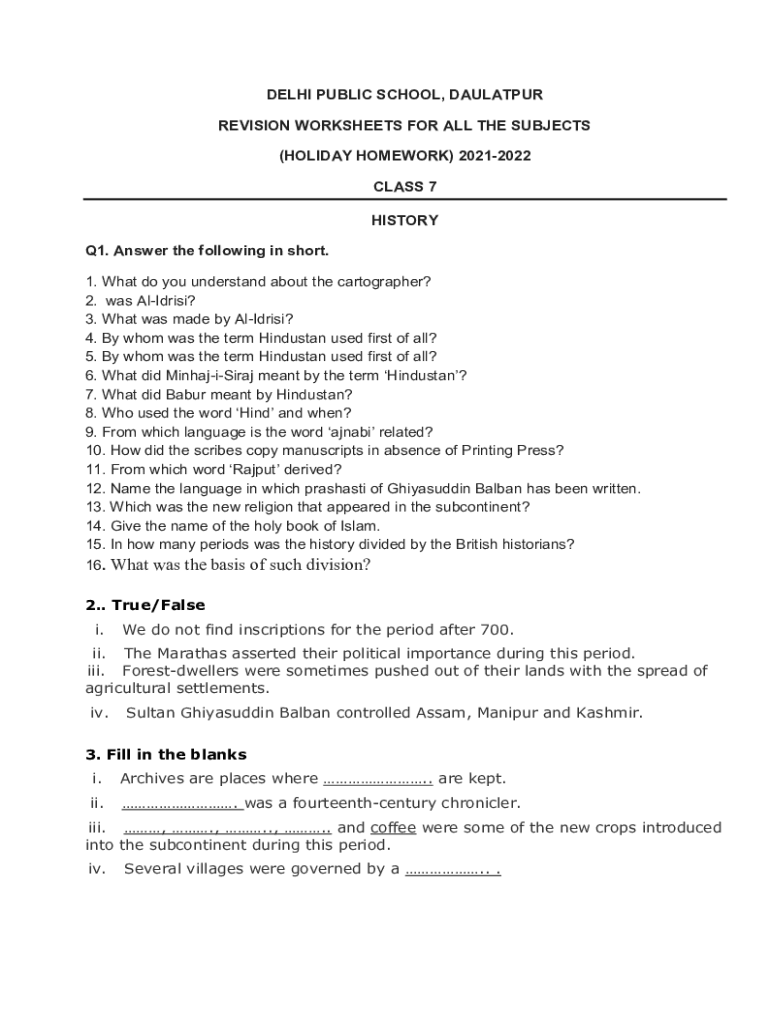 Fillable Online Revision Worksheet class 7holidays homework Fax Email ...