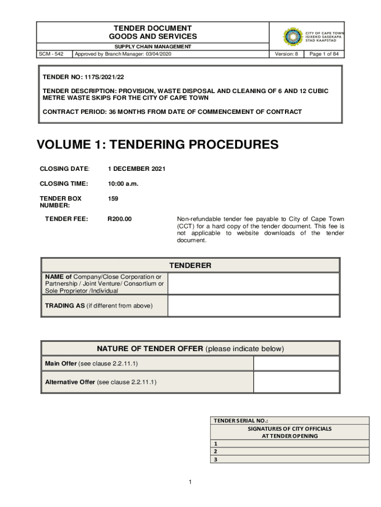 Fillable Online TENDER DESCRIPTION: PROVISION, WASTE DISPOSAL AND ...