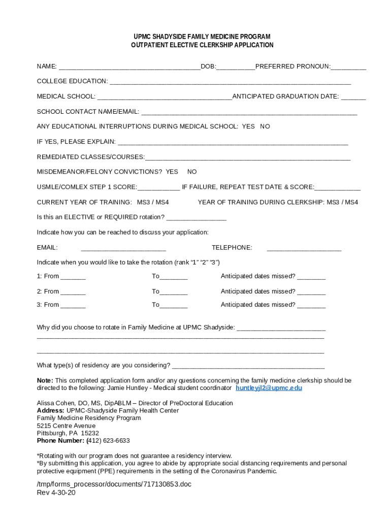 outpatient elective clerkship application Doc Template | pdfFiller