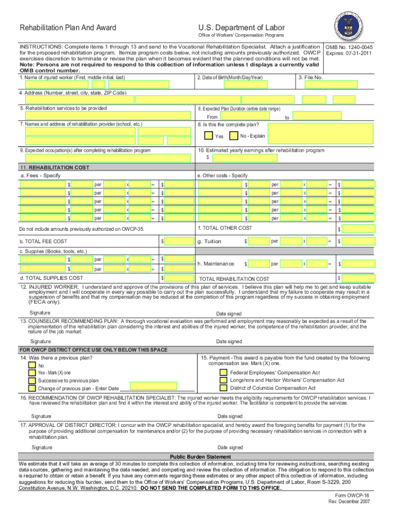Fillable Online Form OWCP 16 Rehabilitation Plan and Award. owcp-44 Fax ...