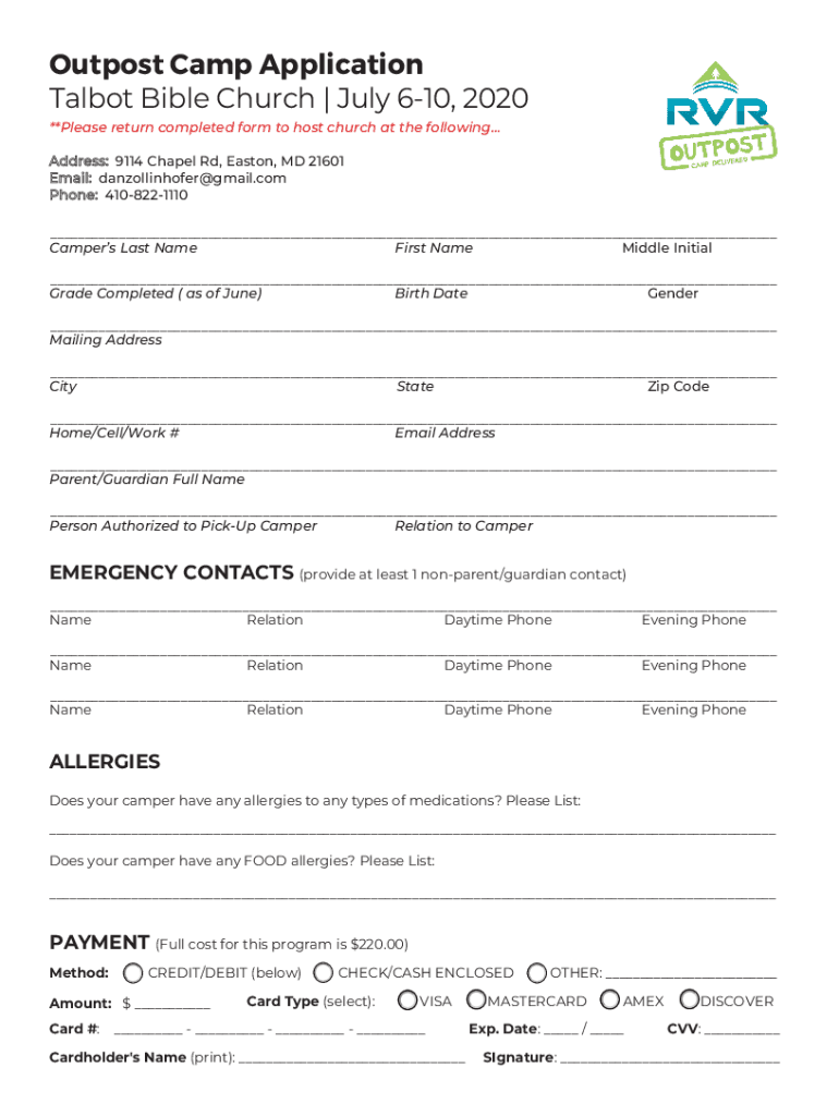 Fillable Online RVR Outpost Camp Application - Talbot Bible Church ...