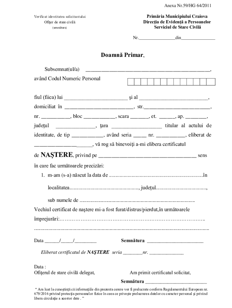 Fillable Online Direcia de Eviden a Persoanelor Fax Email Print - pdfFiller