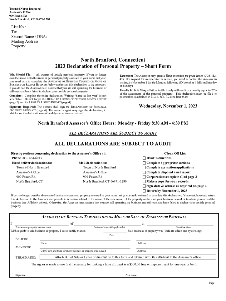 Fillable Online North Branford, Connecticut 2023 Declaration of ...