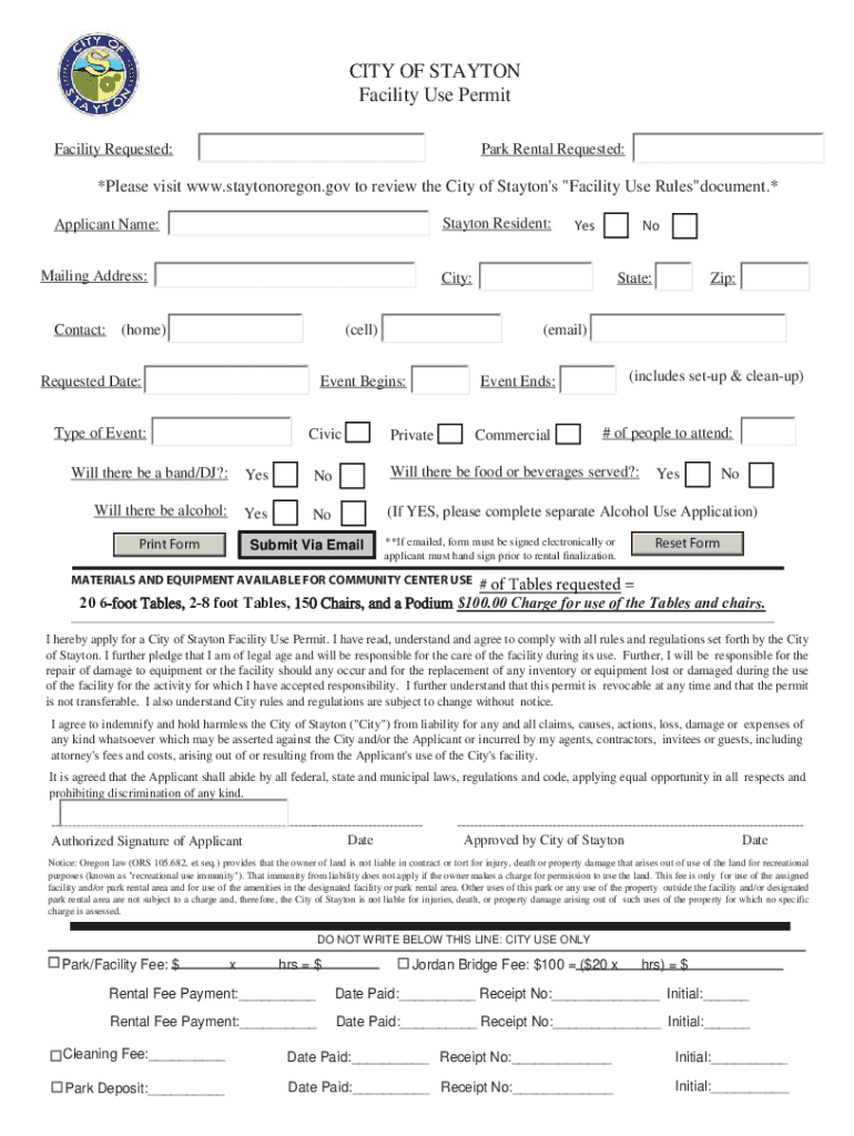 Fillable Online CITY OF STAYTON Facility Use Permit Fax Email Print ...