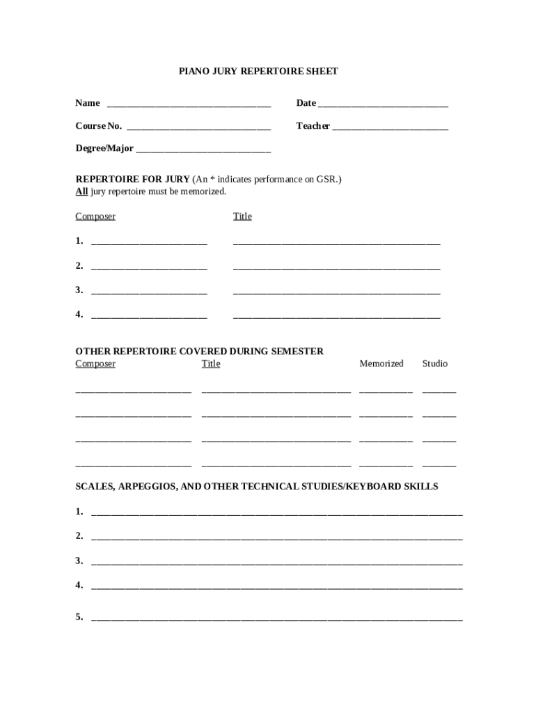 PIANO JURY REPERTOIRE SHEET Doc Template | pdfFiller