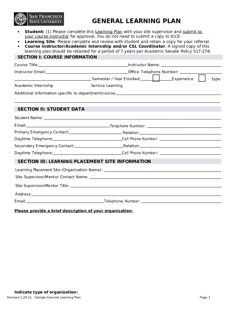 Sample General Learning Plan - icce sfsu Doc Template | pdfFiller