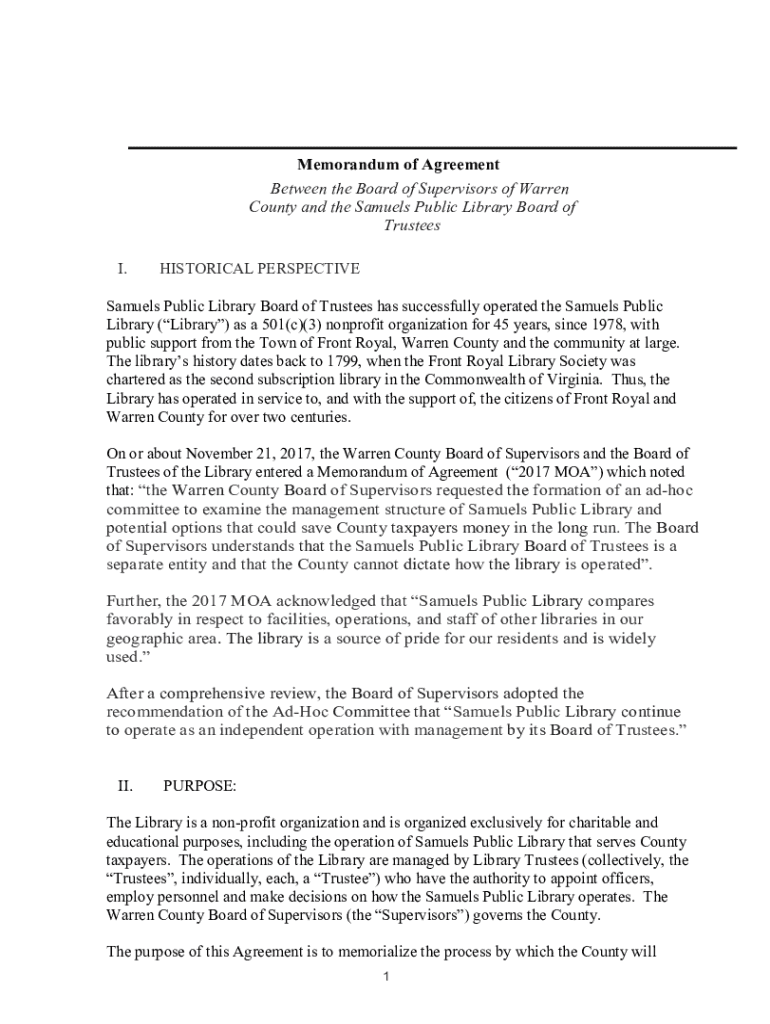 Fillable Online Memorandum of Agreement Between the Board of Supervisors of Warren County and ...