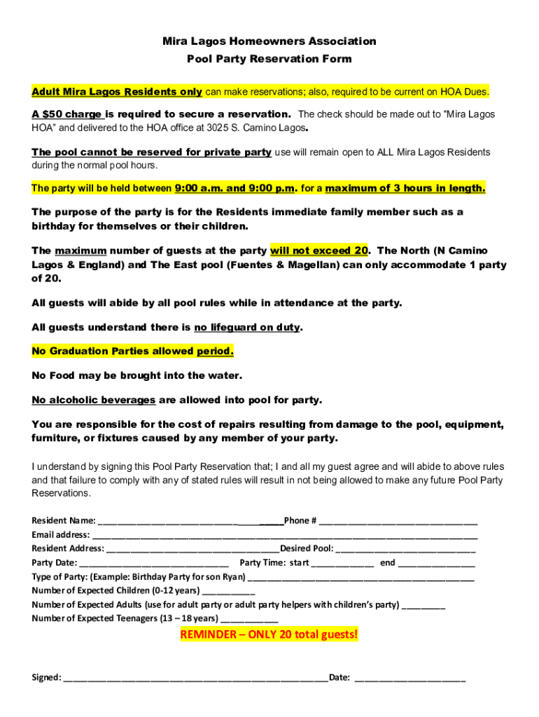 Fillable Online Mira Lagos Pool Reservation Form Fax Email Print ...