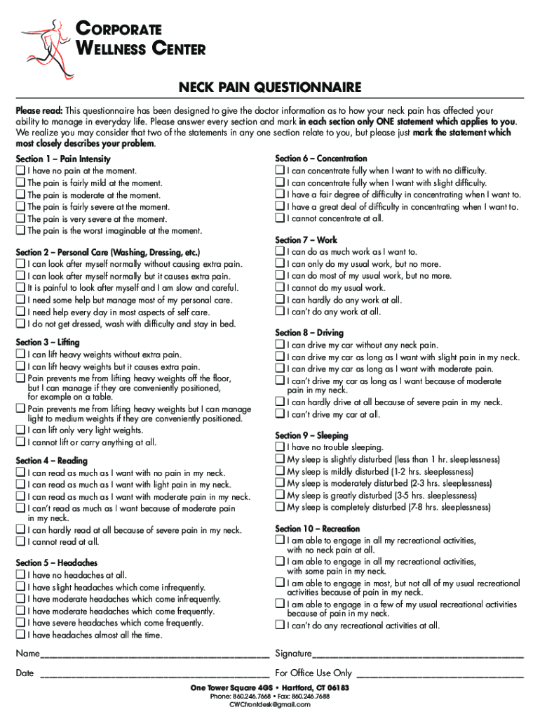 Fillable Online A health behavior screening tool for non-specific neck ...