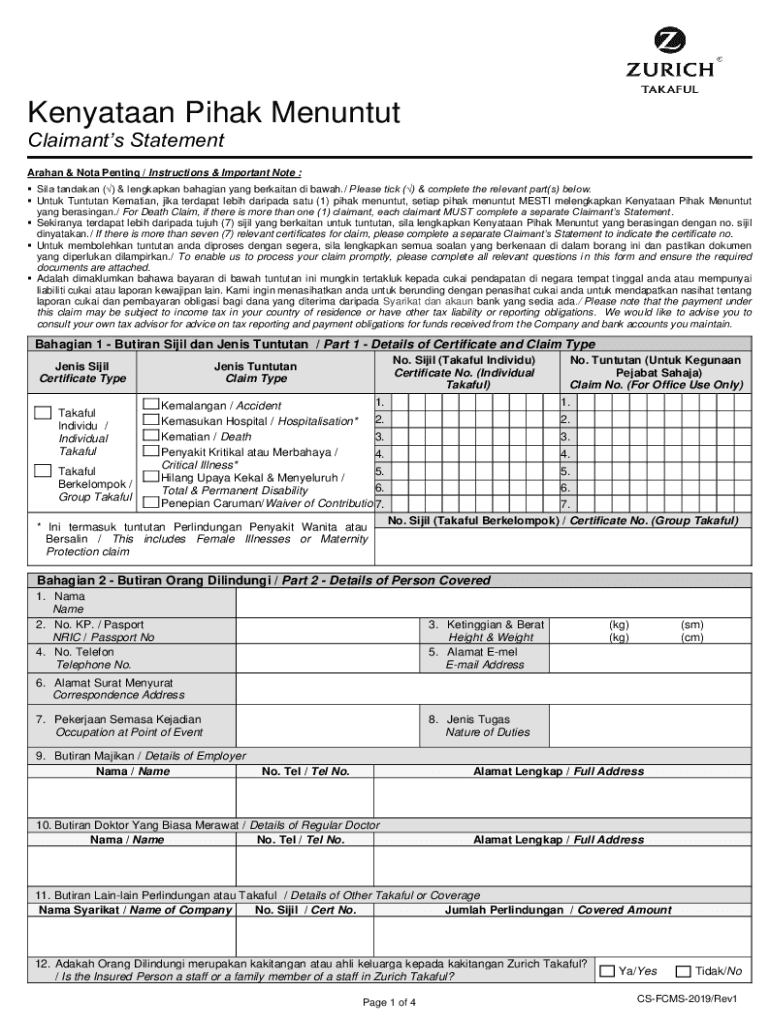 Fillable Online Claimant's Statement for Life/Accidental Death and ...