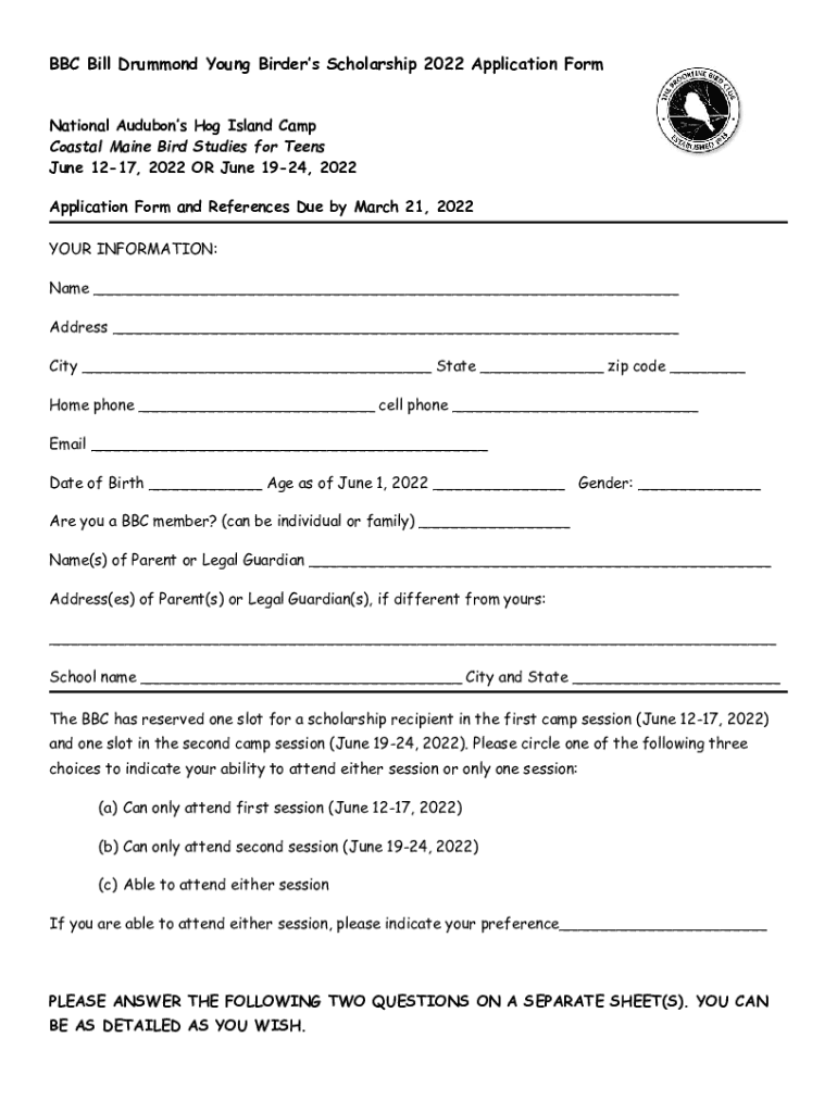 Fillable Online BBC offers two Bill Drummond Young Birder's Scholarships ... Fax Email Print ...