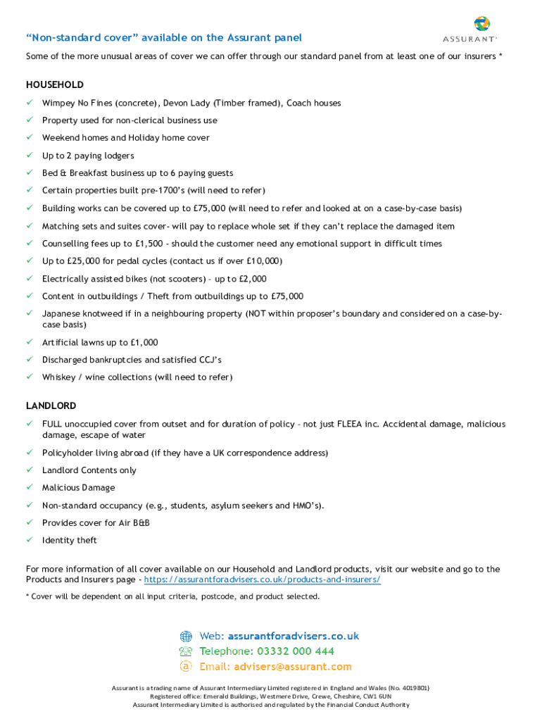 Fillable Online Non-standard cover available on the Assurant panel Fax ...