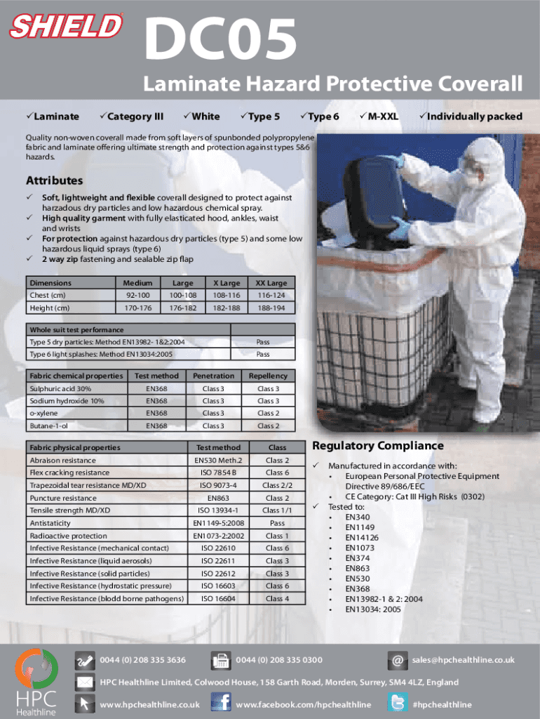 Fillable Online Disposable Advanced Laminated Coverall - Cat III (types ...