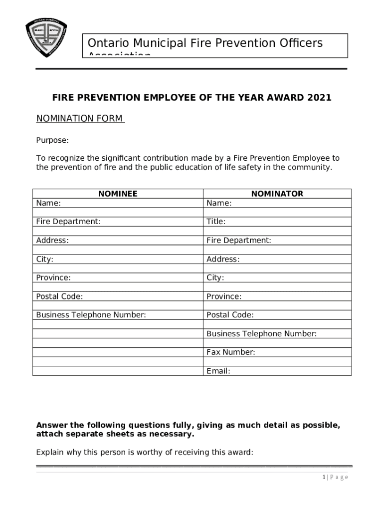 Fire Safety & Burn Prevention Award Nomination Doc Template | pdfFiller