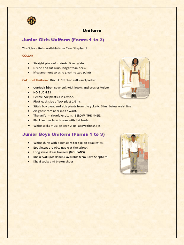 Fillable Online Uniform Junior Girls Uniform (Forms 1 to 3) Junior Boys ...