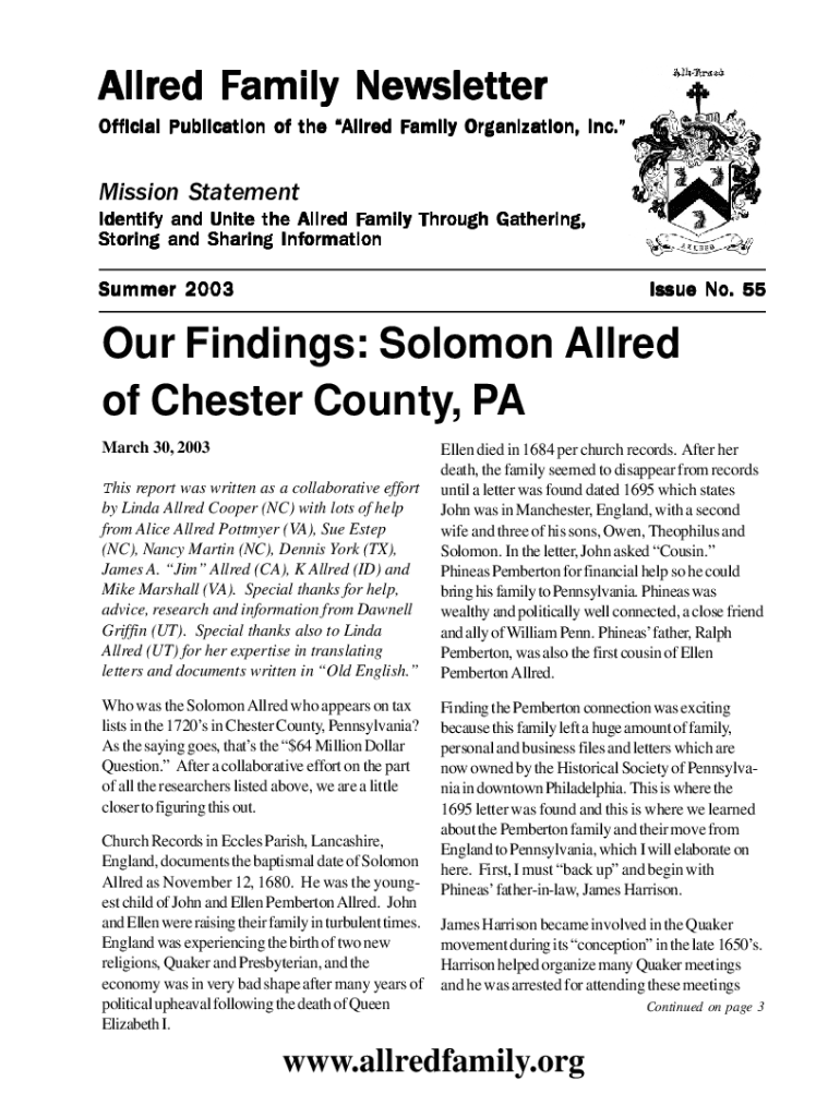 Fillable Online Our Findings: Solomon Allred of Chester County, PA Fax ...