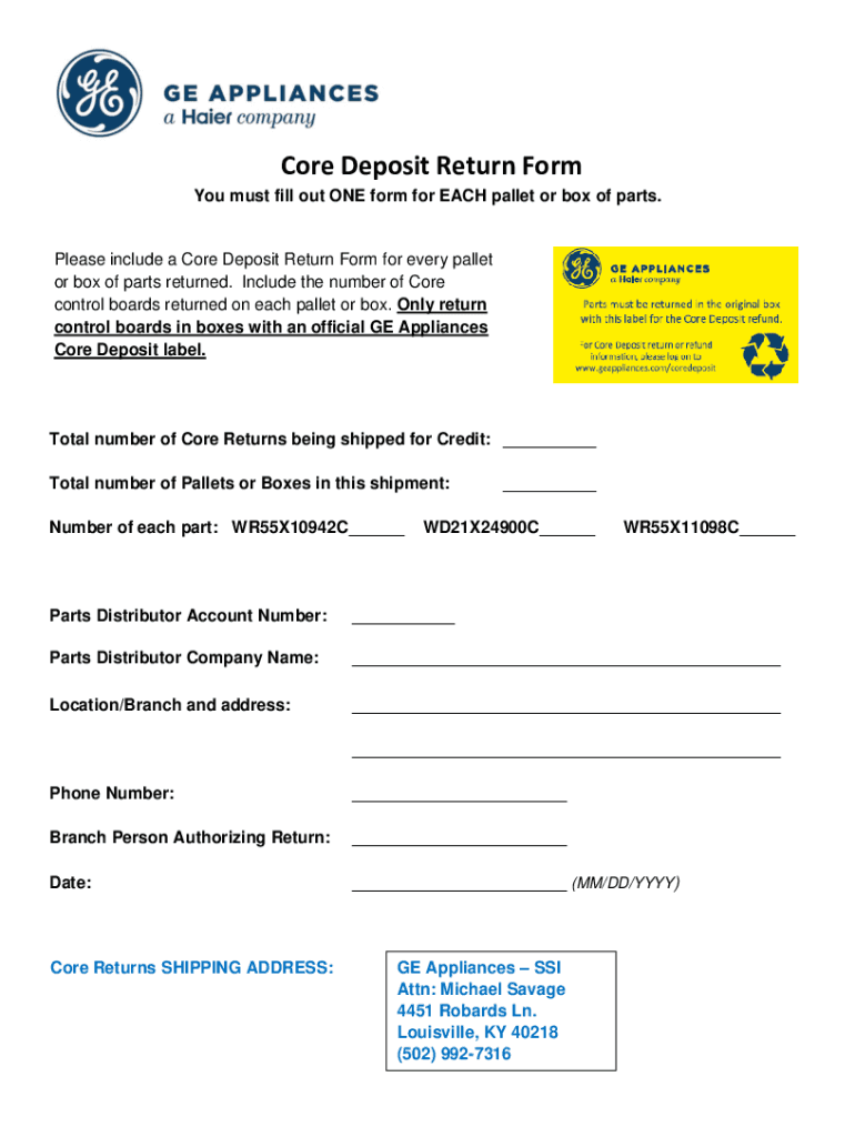 Fillable Online Core Deposit Return Form Fax Email Print - pdfFiller