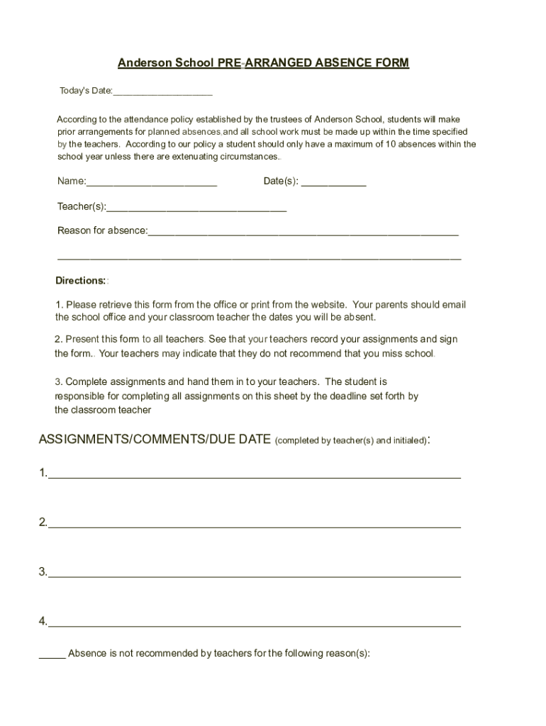 Fillable Online PRE-ARRANGED ABSENCE FORMAnderson School Fax Email ...