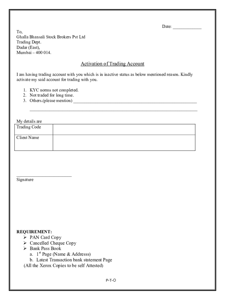 Fillable Online Activation of Trading Account letter .doc Fax Email Print - pdfFiller