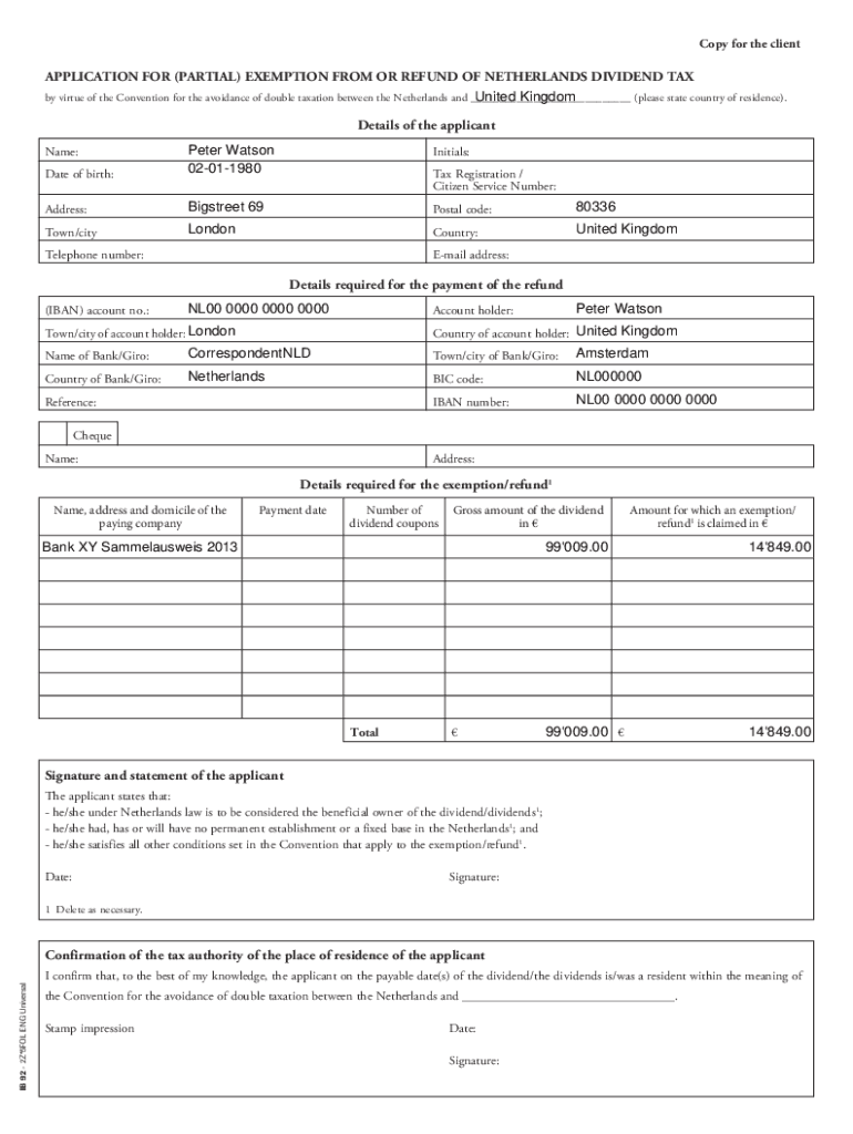 Fillable Online (Partial) exemption from, or refund of, dividend tax ...