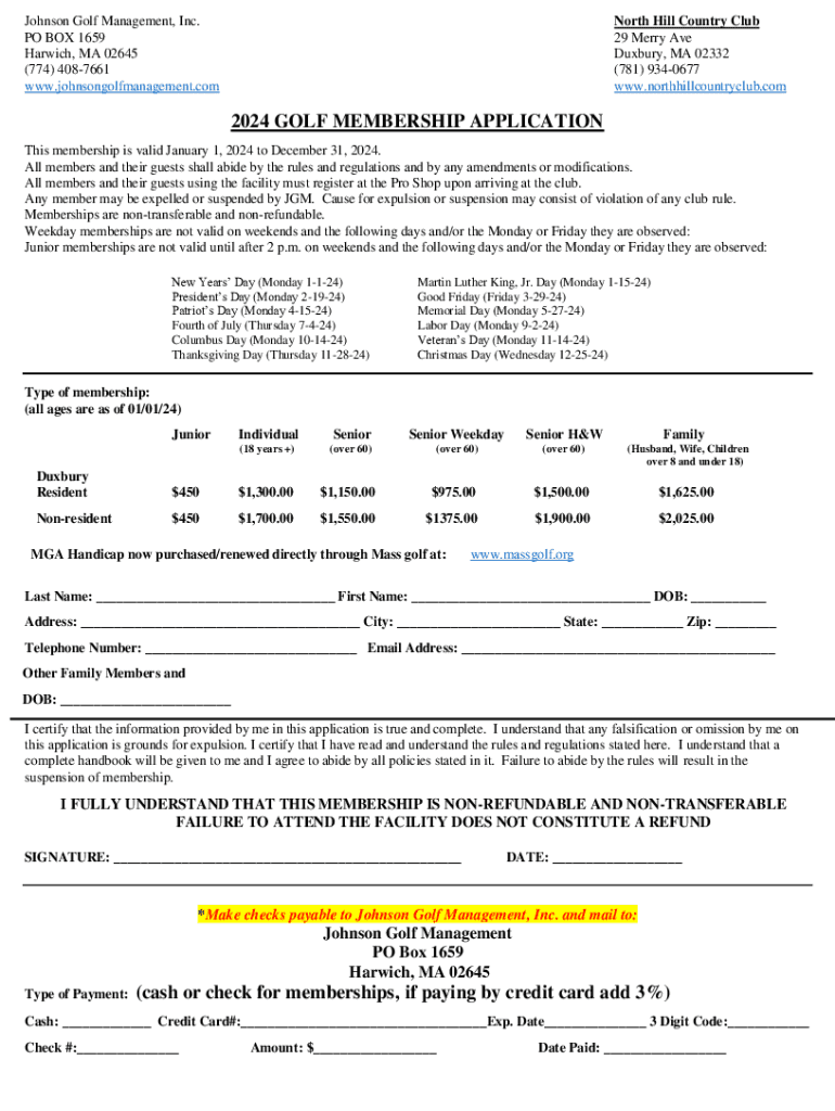 Fillable Online 2024 Golf Membership Application - Duxbury Fax Email ...