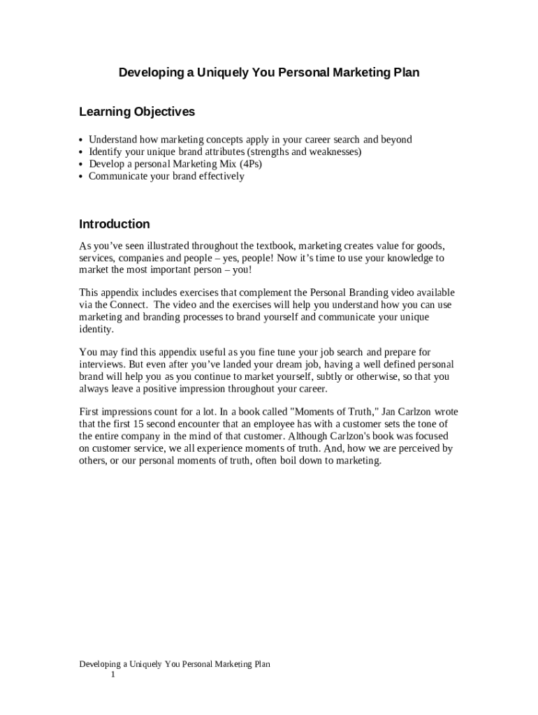 Developing a Uniquely You Personal Marketing Plan Doc Template | pdfFiller
