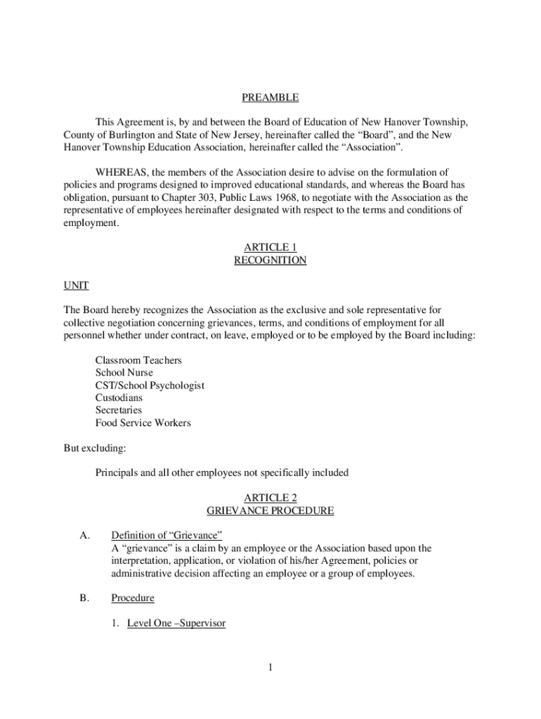 Fillable Online 1 PREAMBLE This Agreement is, by and between the Board ...
