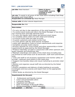 Retail Assistant Job Description Sample Template Doc Template | pdfFiller