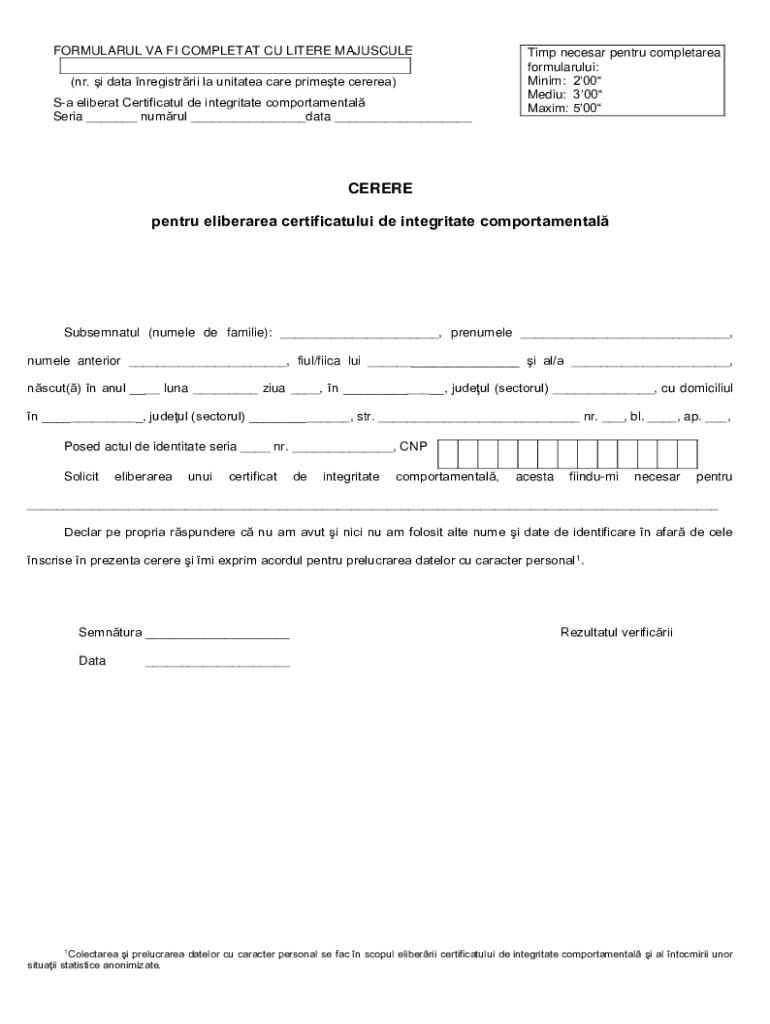 Fillable Online FORMULARUL VA FI COMPLETAT CU LITERE ... Fax Email ...