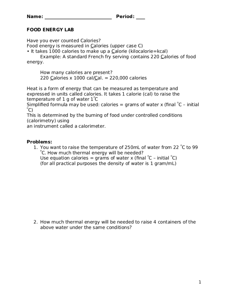 Measuring Calories Energy Content of Food Lab Activity Doc Template ...