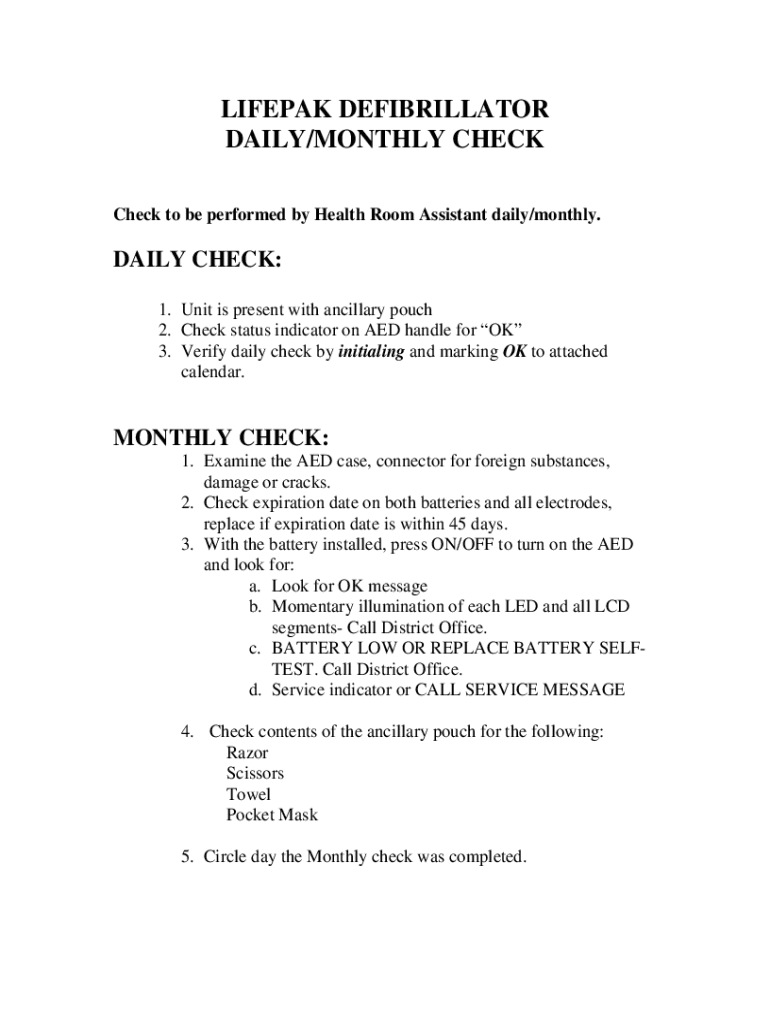 Fillable Online AED Check List Maintenance. AED Check List Maintenance ...