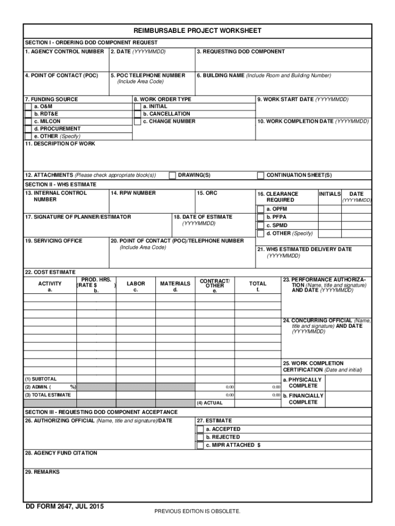 Fillable Online DD Form 2647, "REIMBURSABLE PROJECT WORKSHEET" Fax ...