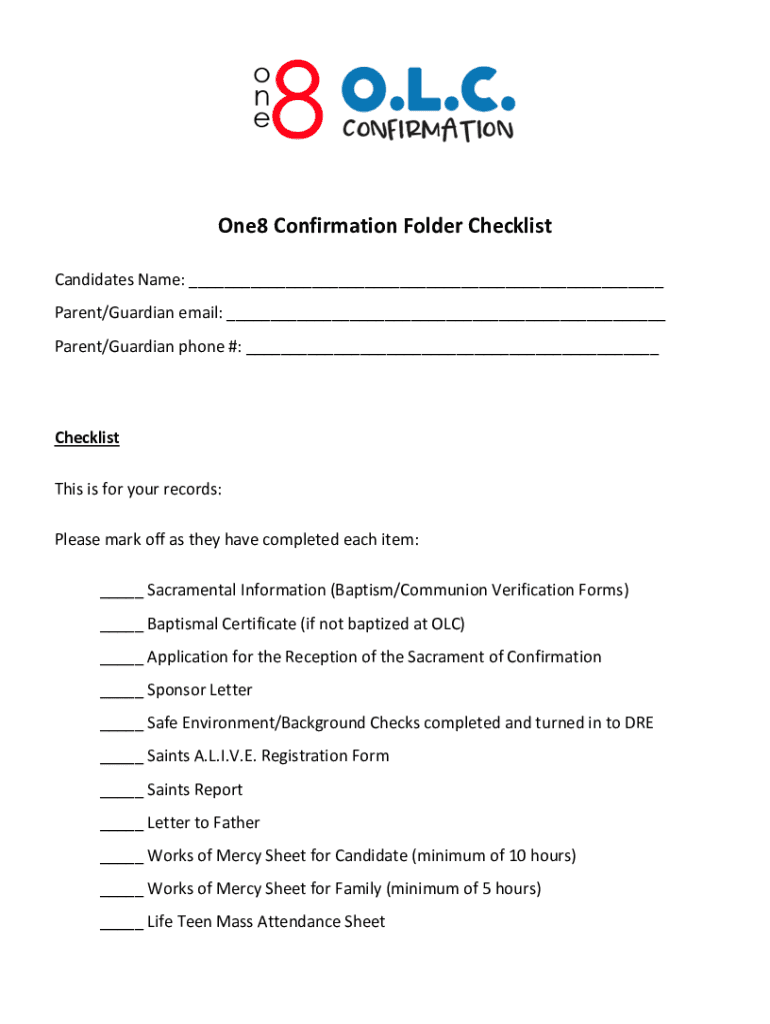 Fillable Online One8 Confirmation Folder Checklist Fax Email Print ...