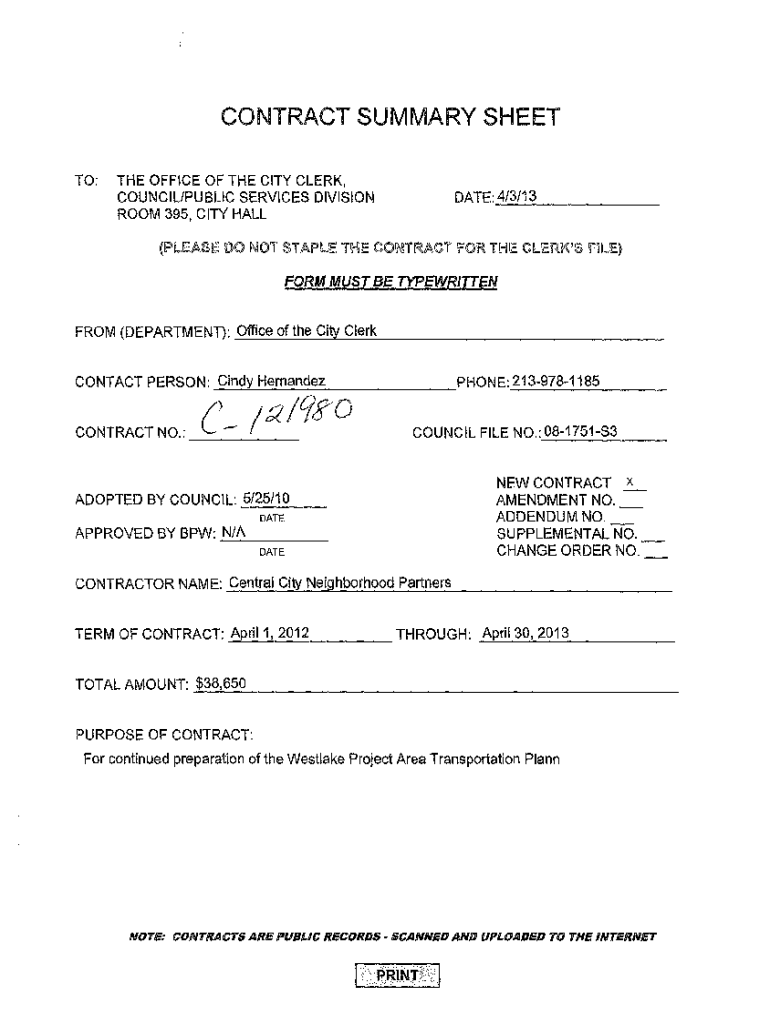 Fillable Online CITY CLERK - CONTRACTS SCAN SHEET Fax Email Print ...
