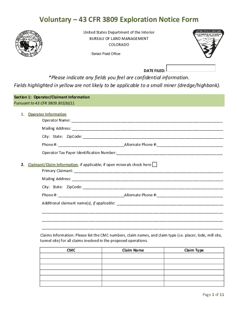 Fillable Online Voluntary43 CFR 3809 Exploration Notice Form Fax Email ...