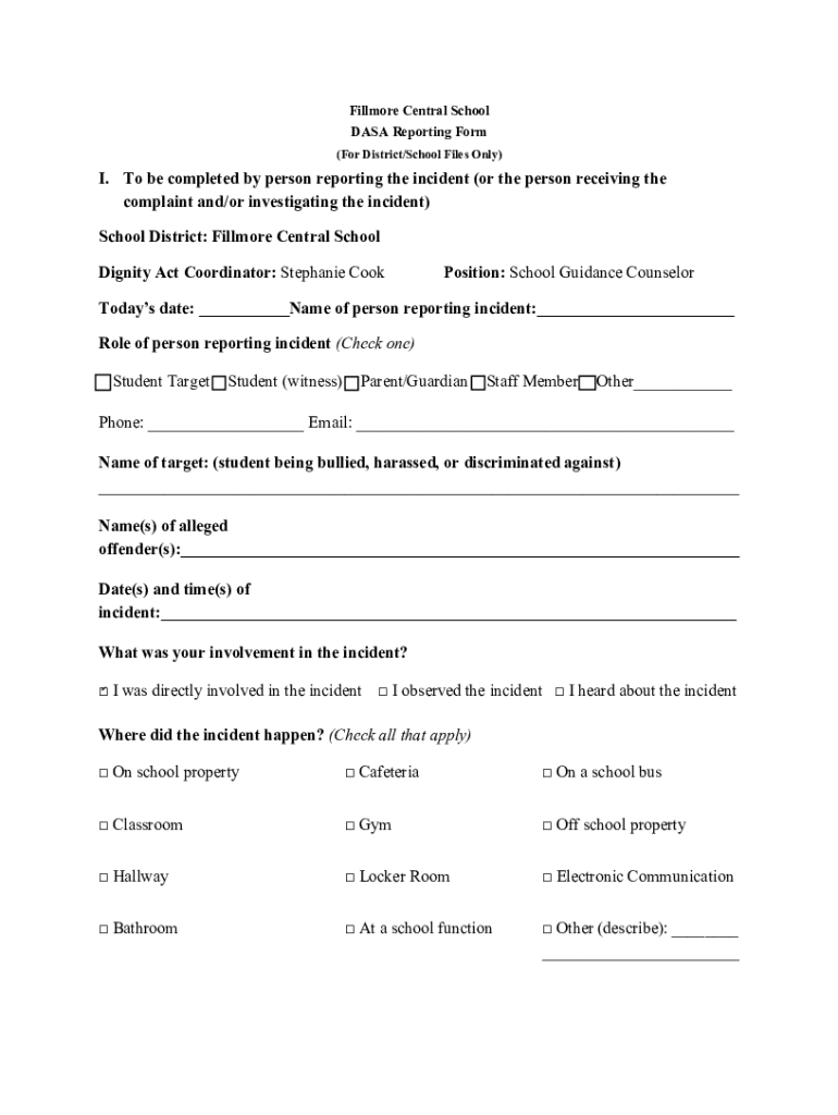 Fillable Online Students Resources / Dignity Act Reporting Form and ...