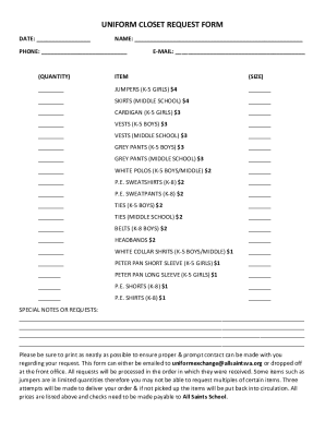 Fillable Online UNIFORM CLOSET REQUEST FORM Fax Email Print - pdfFiller