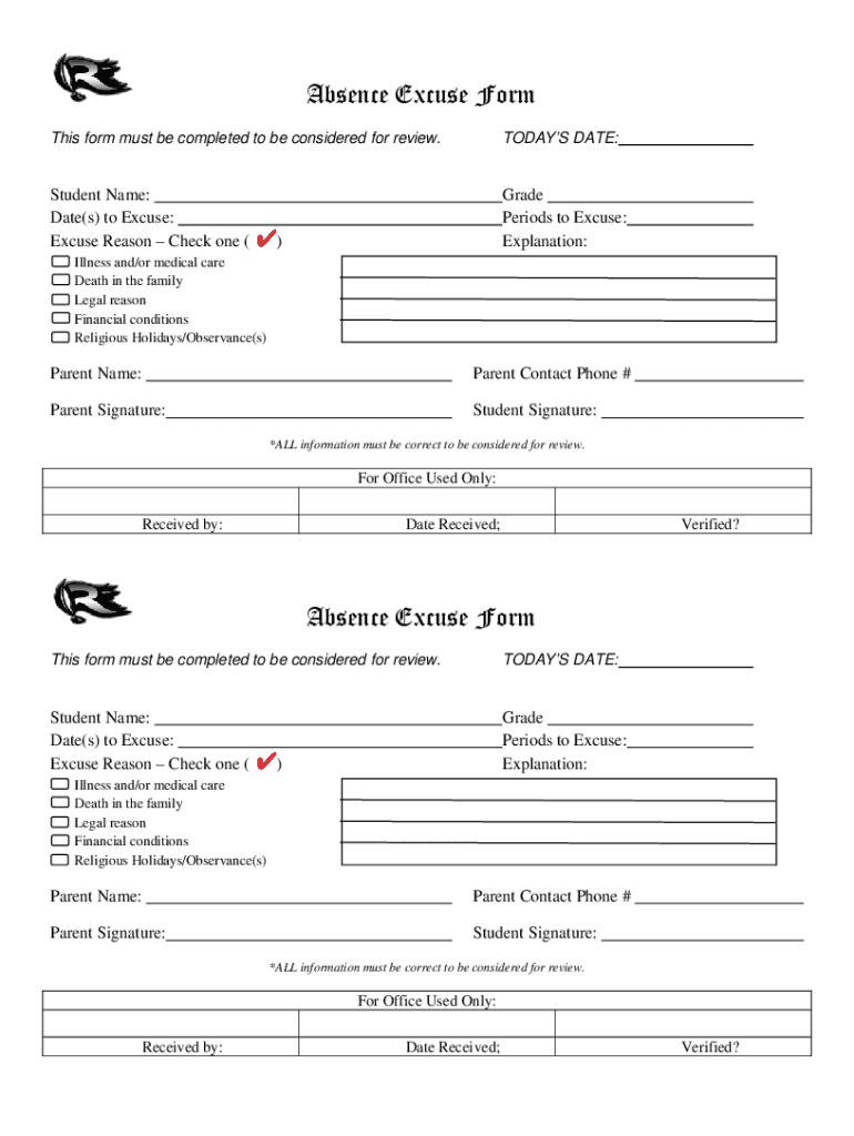 Fillable Online Absence Excuse Form 2 Fax Email Print - pdfFiller