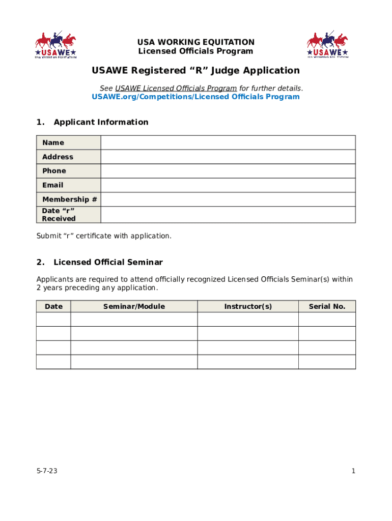 USAWE Learner L Judge License Application Doc Template | pdfFiller
