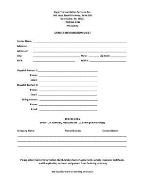 Fillable Online CARRIER INFORMATION SHEET REFERENCES Fax Email Print - pdfFiller