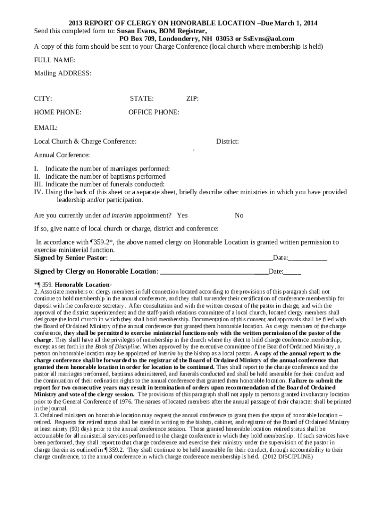 REPORT OF CLERGY ON HONORABLE LOCATION Doc Template | pdfFiller