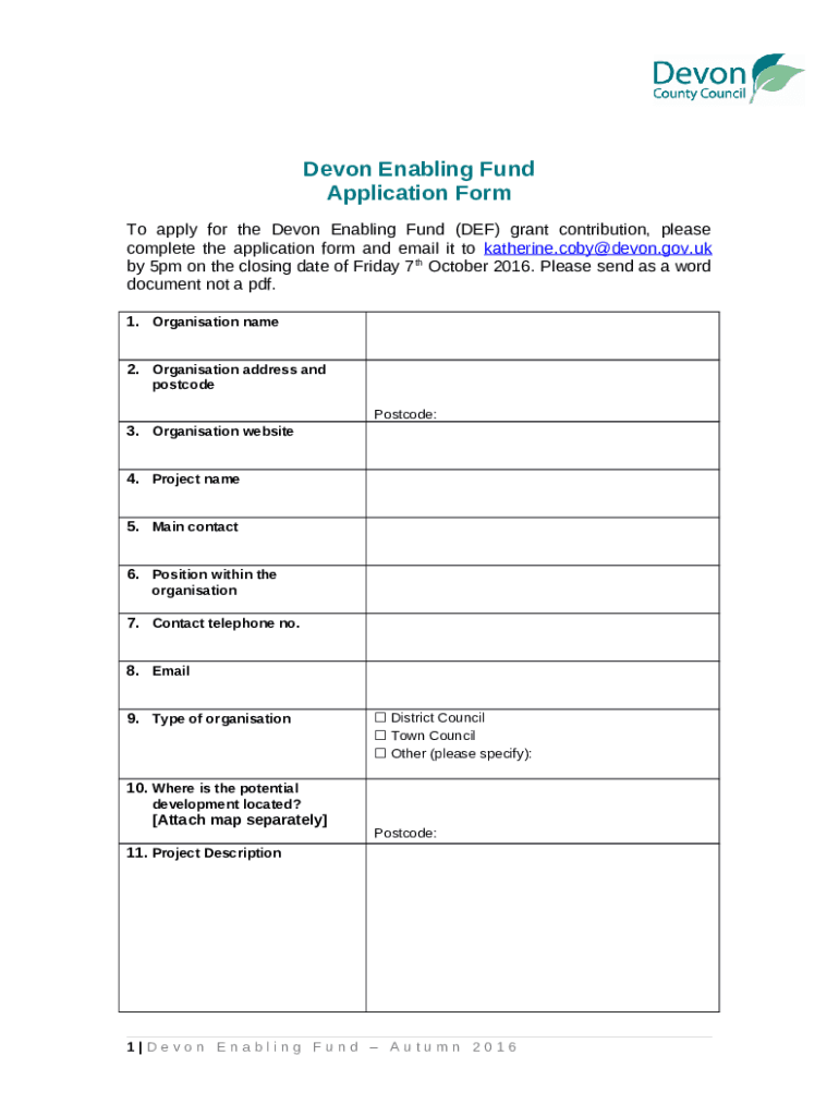 Devon Envrionment Foundation - Grant Application Doc Template | pdfFiller
