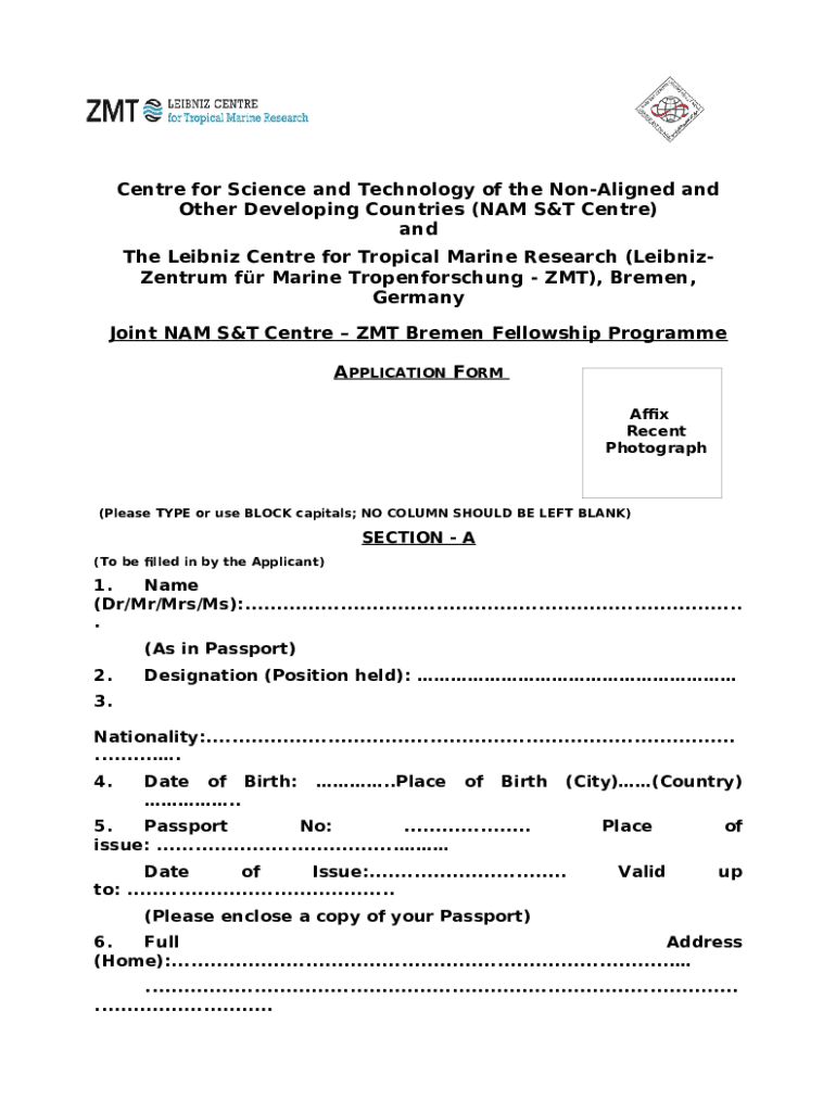 ZMT Bremen Fellowship Programme Application Doc Template | pdfFiller