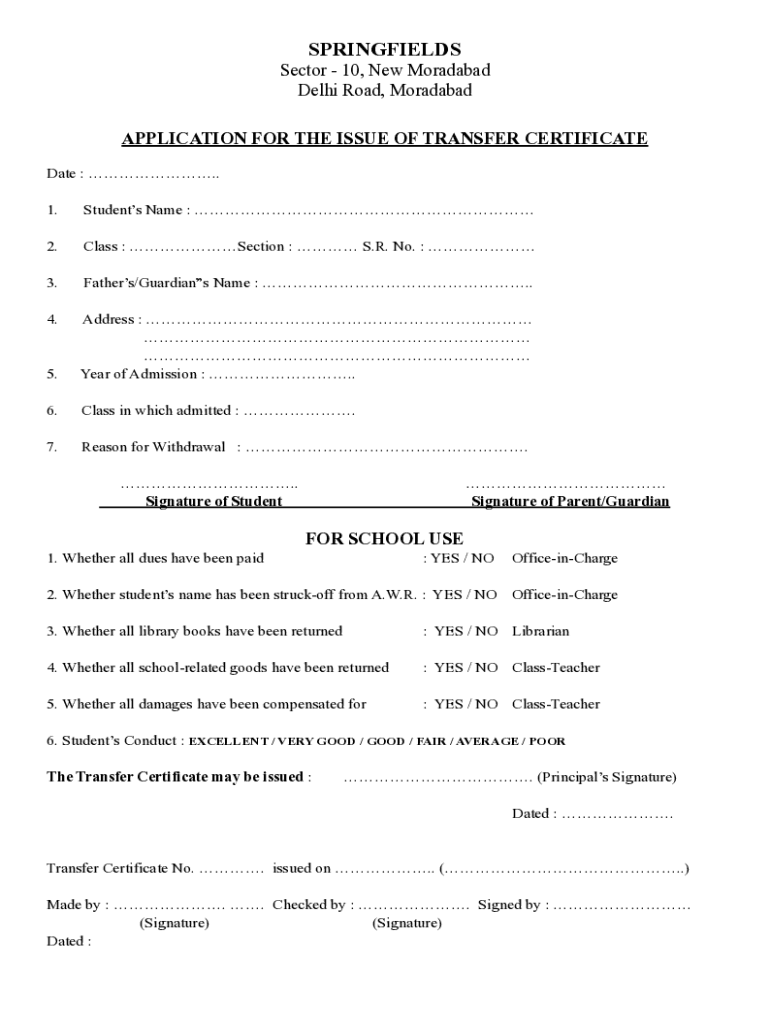 Fillable Online SFNM - T.C. APPLICATION FORM - PDF - Springfield - Fax ...