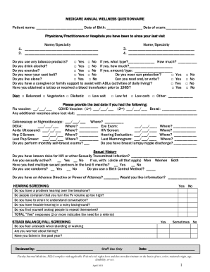 Fillable Online MEDICARE ANNUAL WELLNESS QUESTIONNAIRE Patient name Fax ...