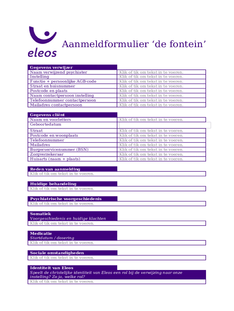 Aanmeldulier'de fontein' - Vragenlijst verwijzer Doc Template | pdfFiller