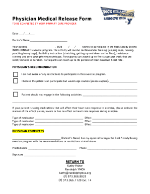 Fillable Online Physician Medical Release BFormb - Rock Steady Boxing ...