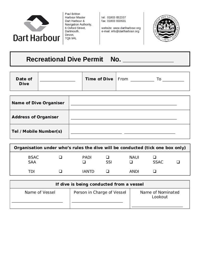 Recreational Dive Permit Doc Template | pdfFiller